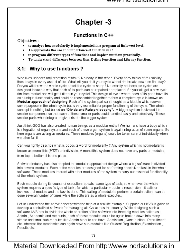 11 Computer Science Notes Ch4c Functions In Cpp Pdf Parameter Computer Programming Scope 9061