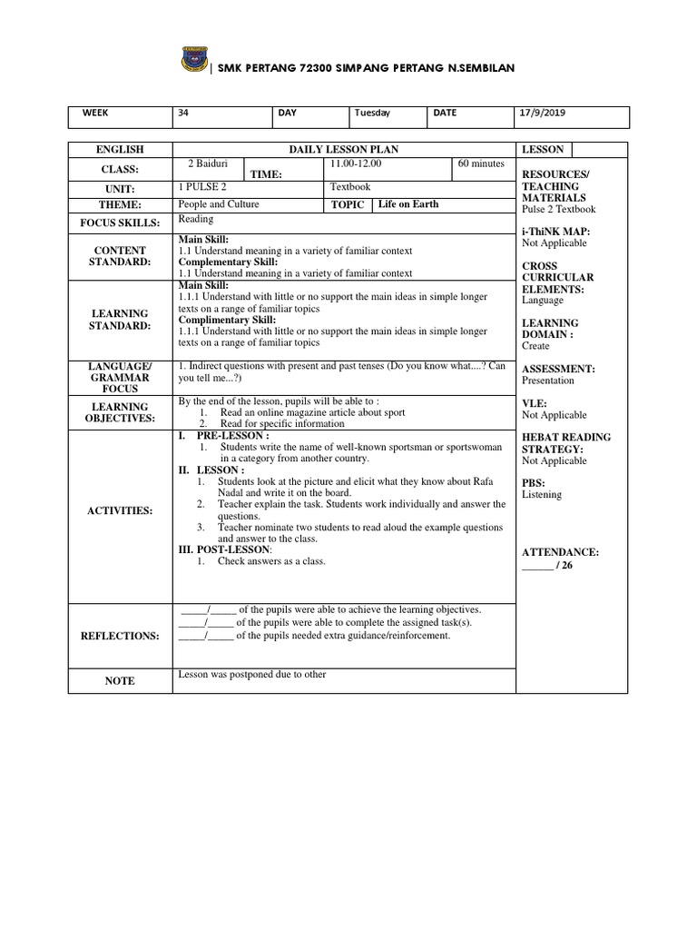 Daily English Lesson Plan on Life on Earth Unit from Pulse 2 Textbook for Form 2 Students | PDF ...