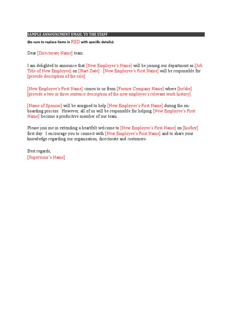 Supervisor Announcement Email To Staff | PDF