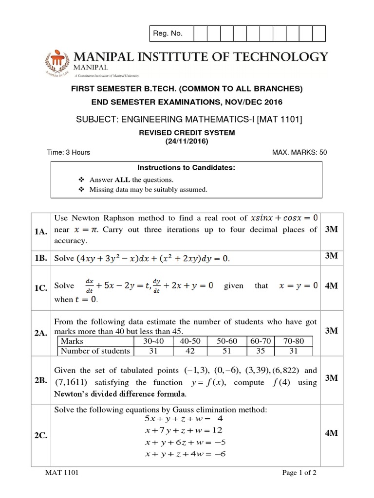 Manipal Institute of Technology | PDF | Basis (Linear Algebra ...