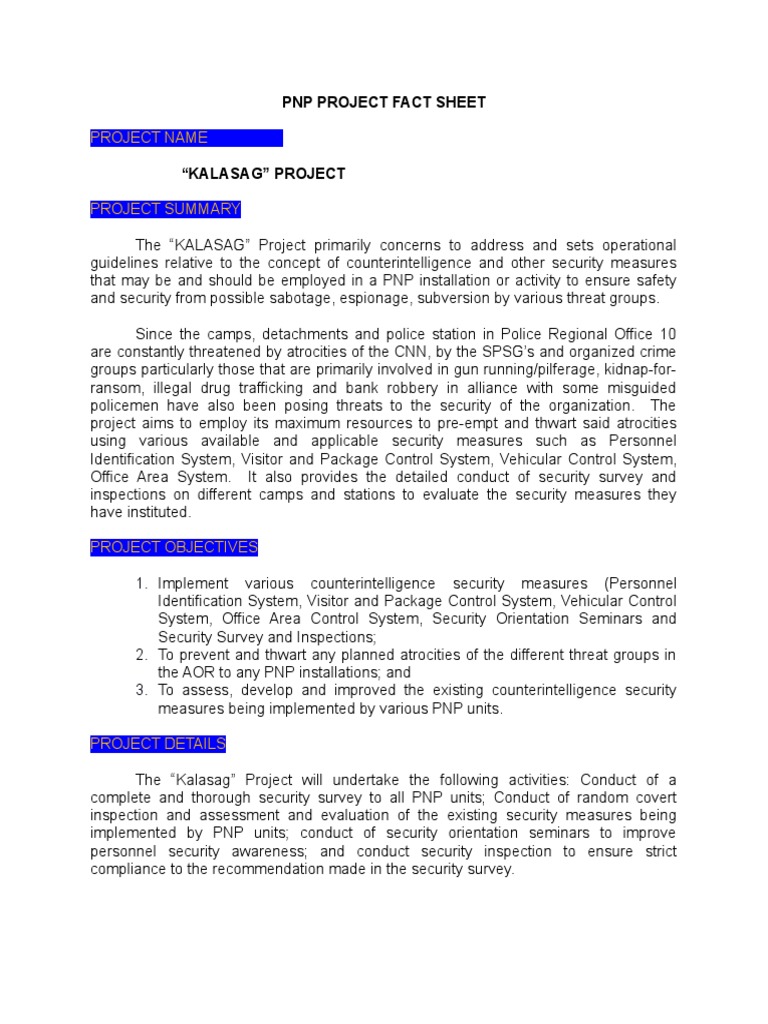Project Name: PNP Project Fact Sheet | PDF | Counterintelligence ...