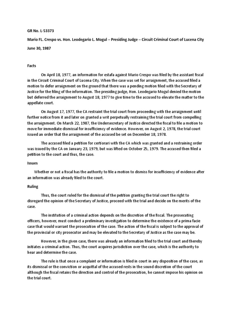 GR No. L-53373 Mario FL. Crespo vs. Hon. Leodegario L. Mogul - Presiding Judge - Circuit ...