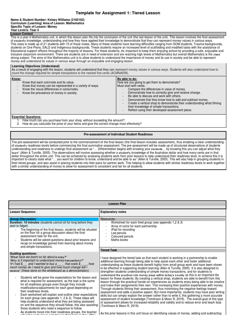 Tiered Lesson K Williams | PDF | Educational Assessment | Curriculum