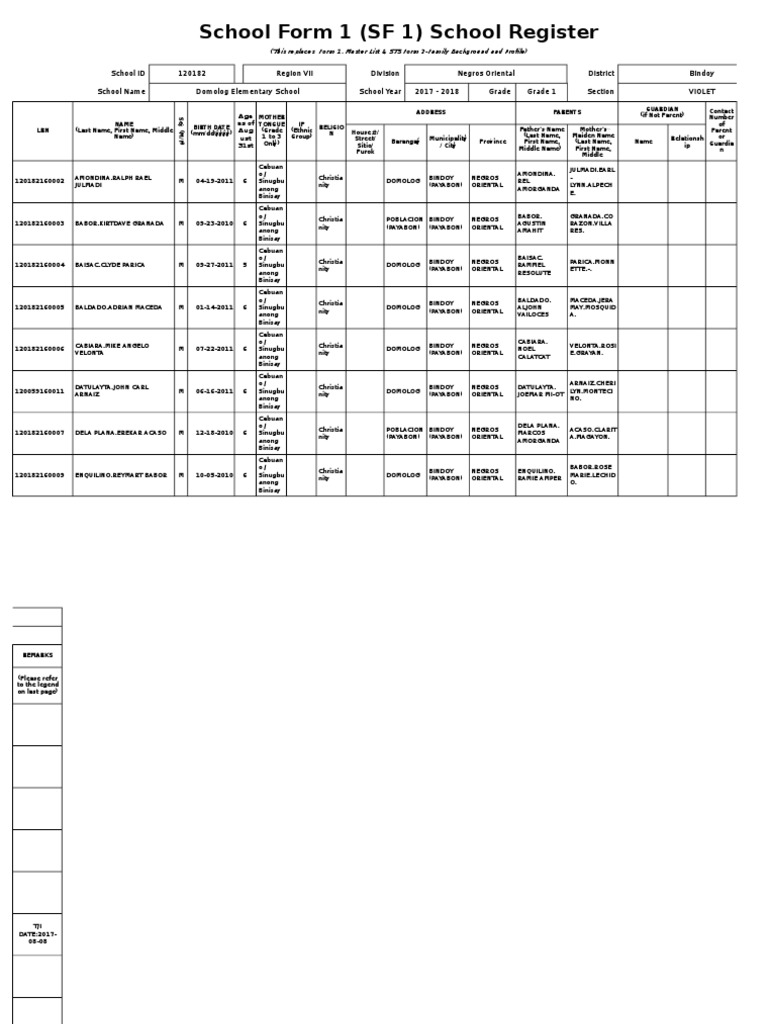 School Register for Domolog Elementary School Grade 1 Section VIOLET ...