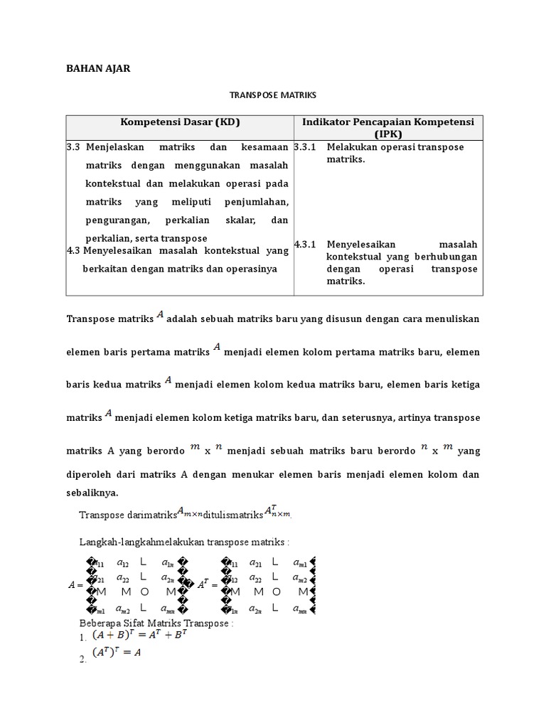 Sifat dan Cara Transpose Matriks | PDF | Metode & Bahan Ajar