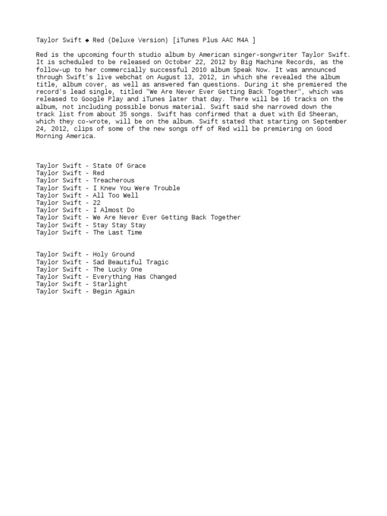 Red Deluxe Edition Tracklist Revealed | PDF | Taylor Swift ...