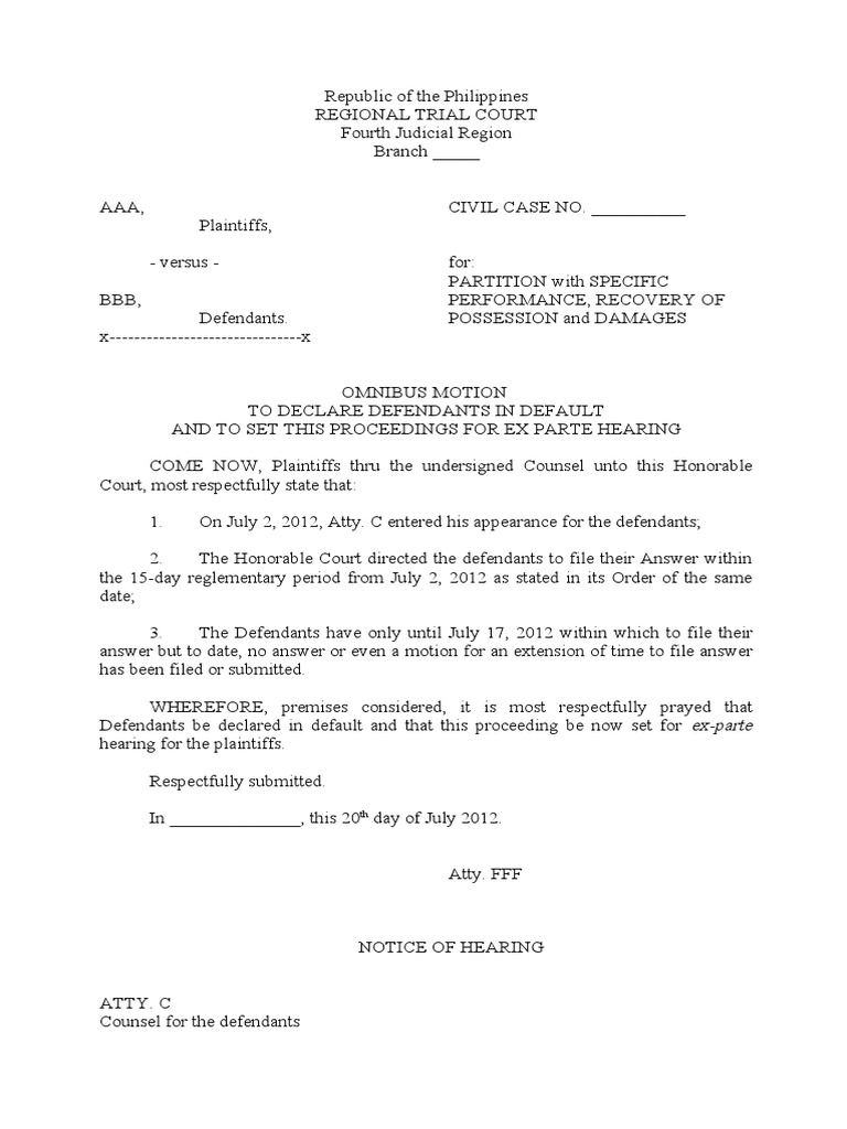 Motion To Declare in Defendants in Default
