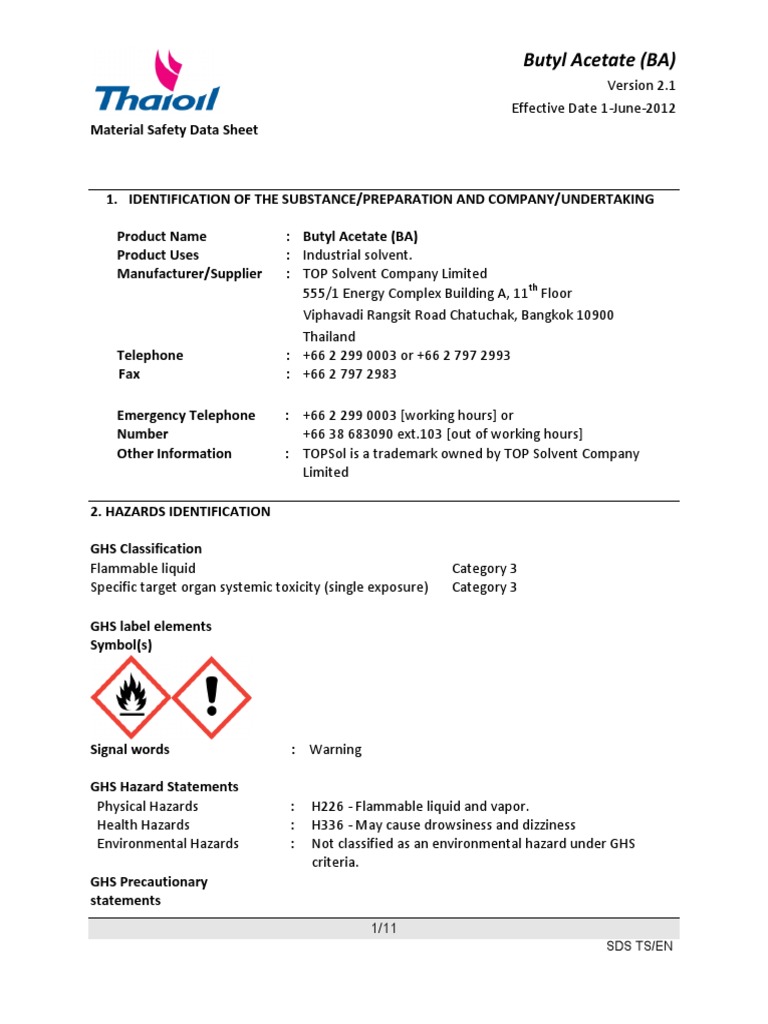 Butyl Acetate MSDS | PDF | Toxicity | Dangerous Goods
