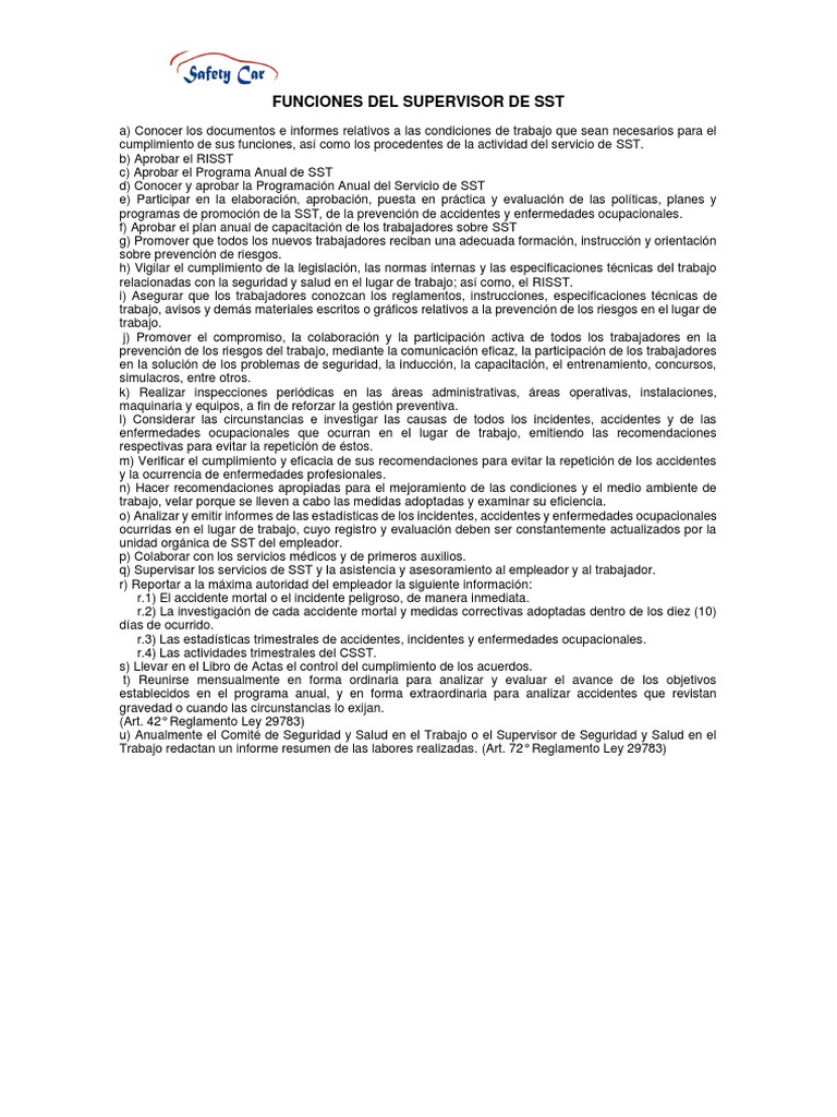 Funciones Del Supervisor de SST | PDF | Seguridad y salud ocupacional ...