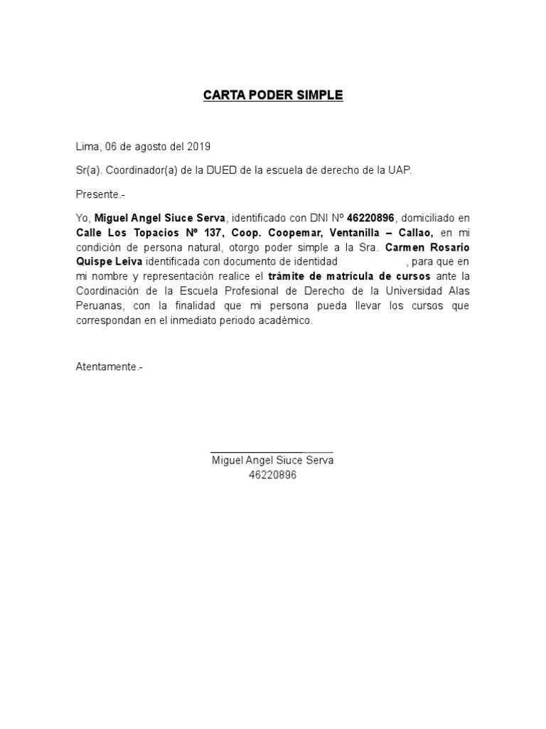 Carta Poder Simple.doc | Gobierno y personalidad | Autenticación