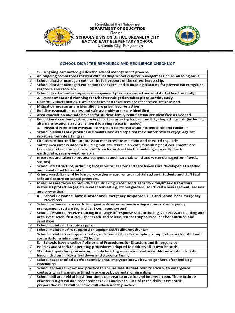 School Disaster Readiness and Resilience Checklist | Download Free PDF ...