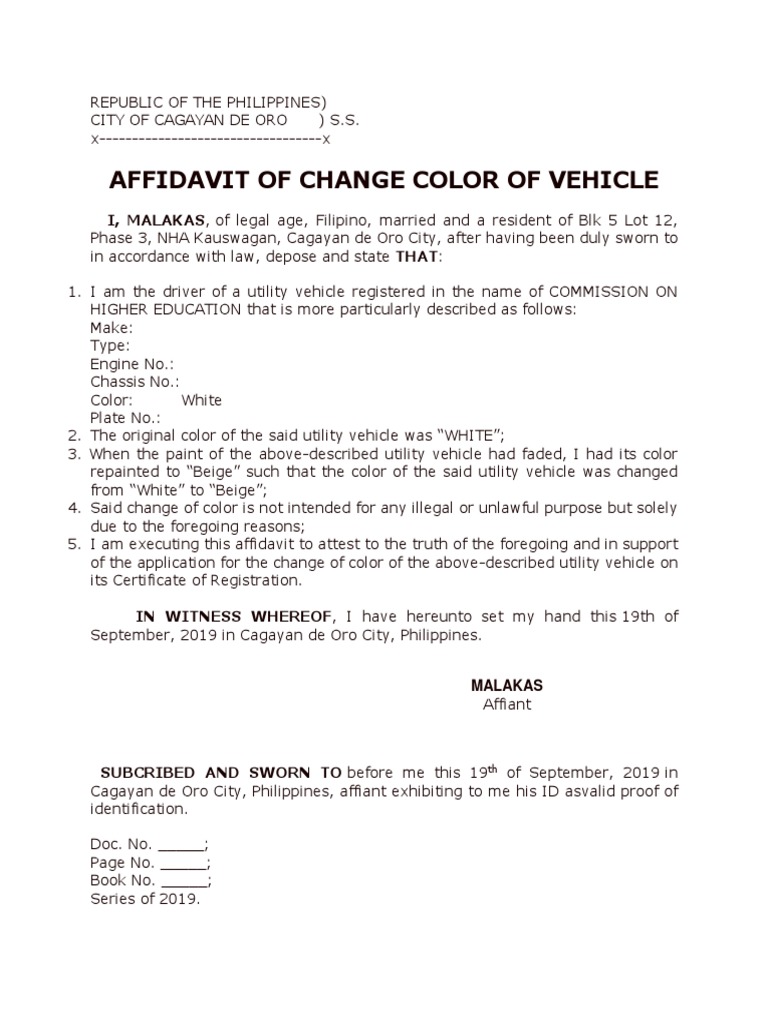 Affidavit of Change Color of Vehicle | PDF