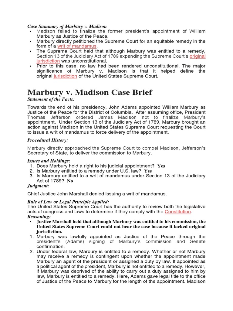 Case Summary of Marbury V Madison | PDF | Marbury V. Madison ...