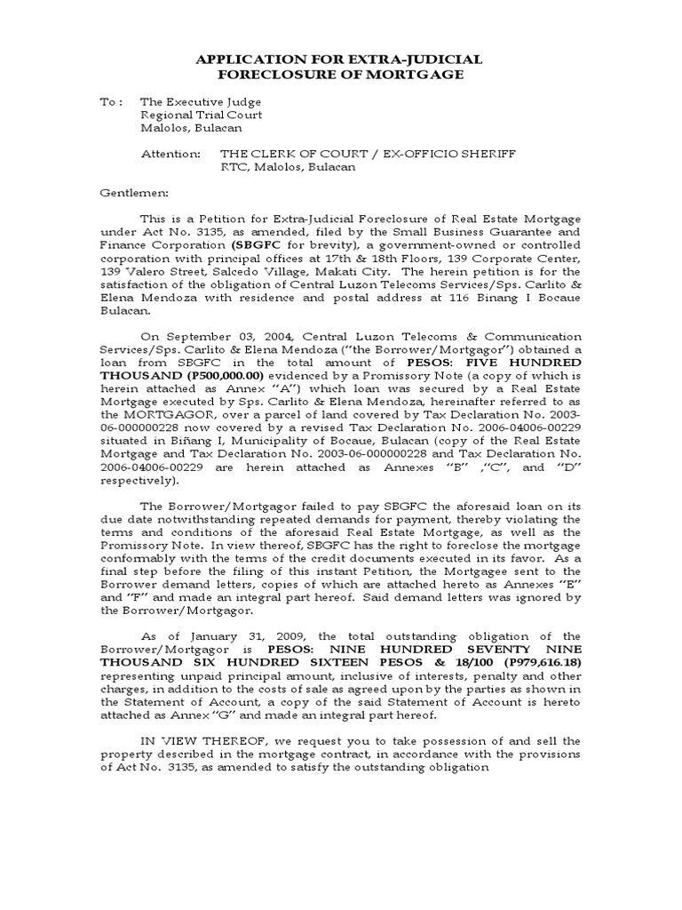 Application for Extra-Judicial Foreclosure of Mortgage | PDF | Mortgage Law | Foreclosure