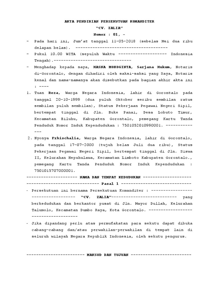 Contoh Akta Pendirian (CV ZALIA) | PDF