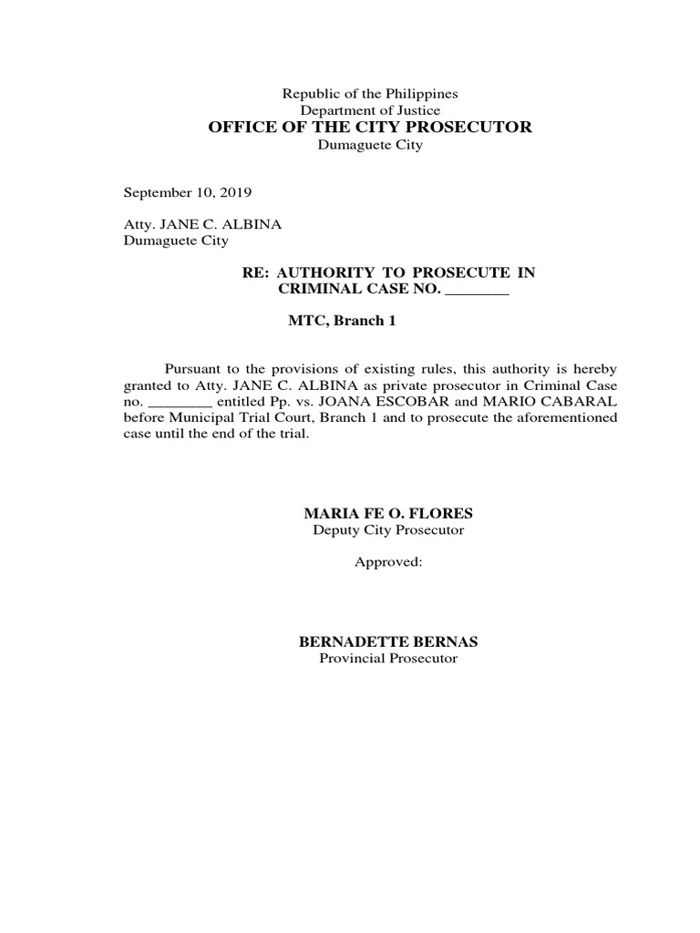 Office of The City Prosecutor: Re: Authority To Prosecute in CRIMINAL ...