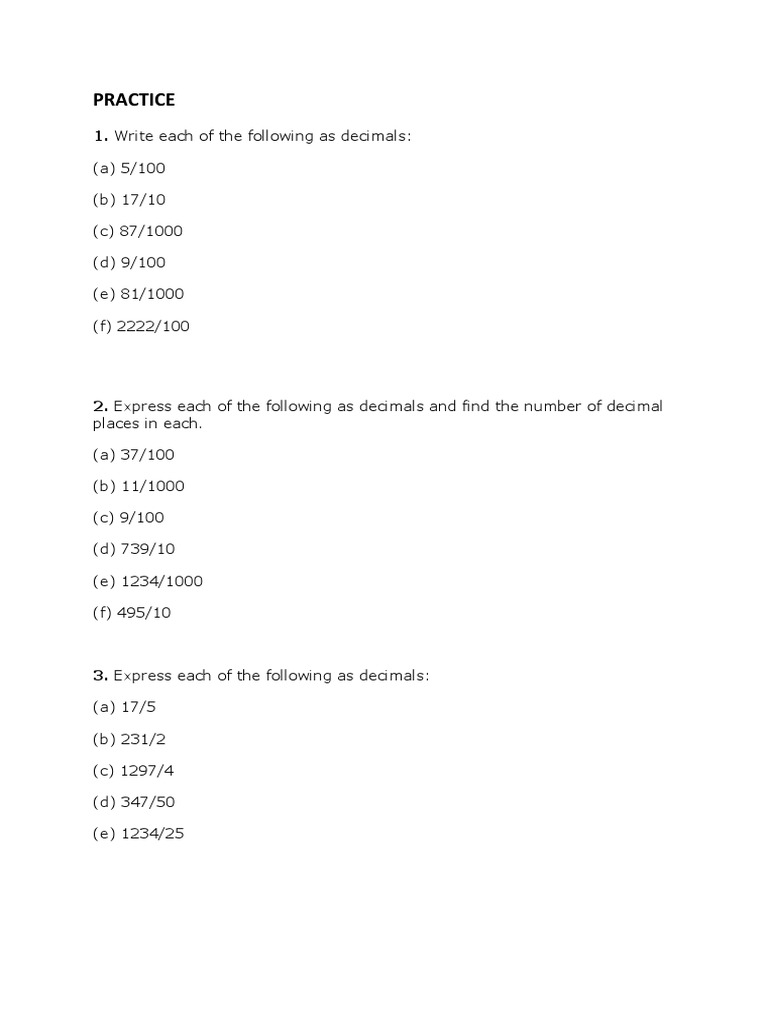 Convert Fractions to Decimals Practice Problems with Solutions | PDF ...
