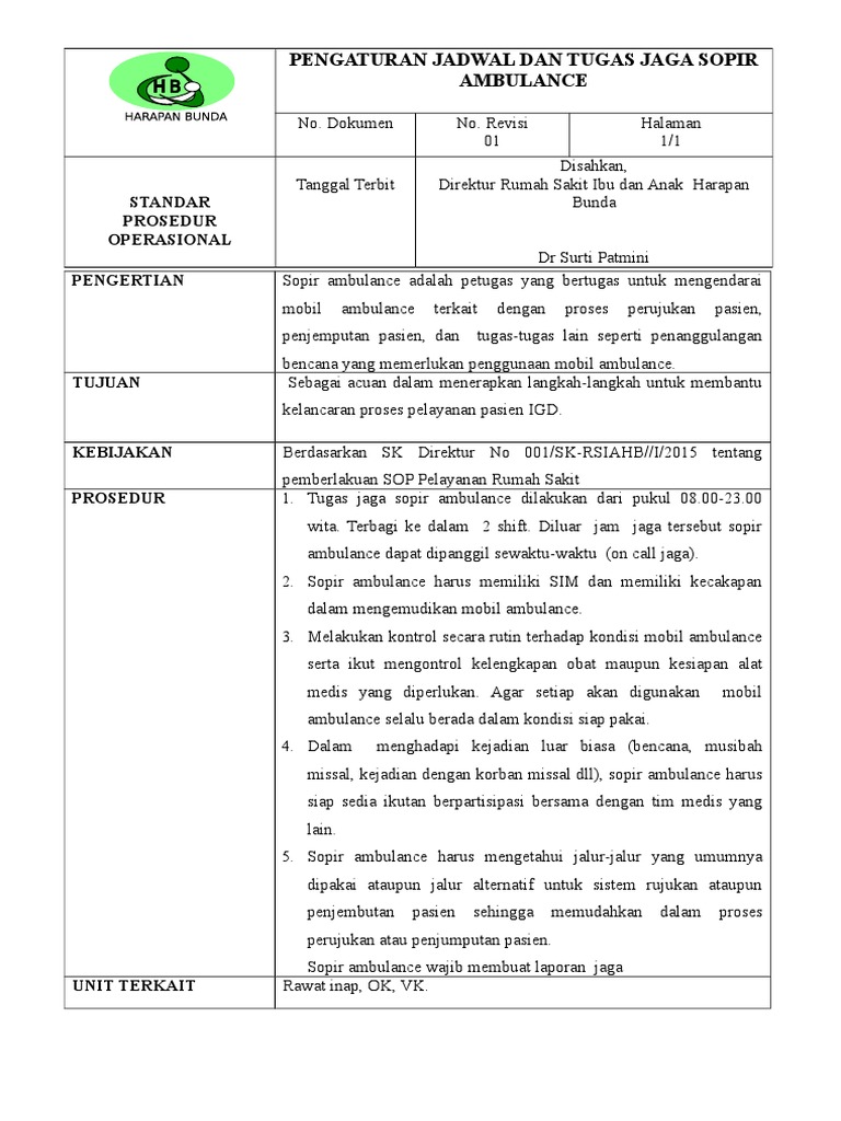 Spo Pengaturan Jadwal Dan Tugas Jaga Sopir Ambulance | PDF