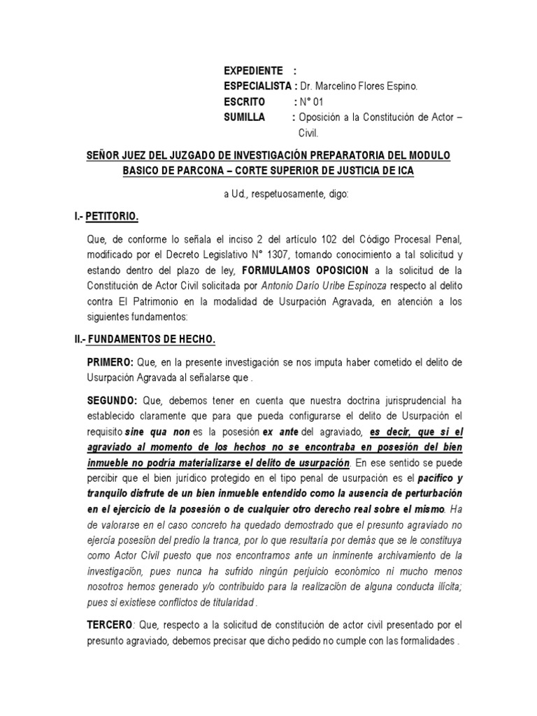 Modelo de Excepción de Improcedencia de Acción Fany FINAL | PDF | Posesión (Ley) | Derecho penal