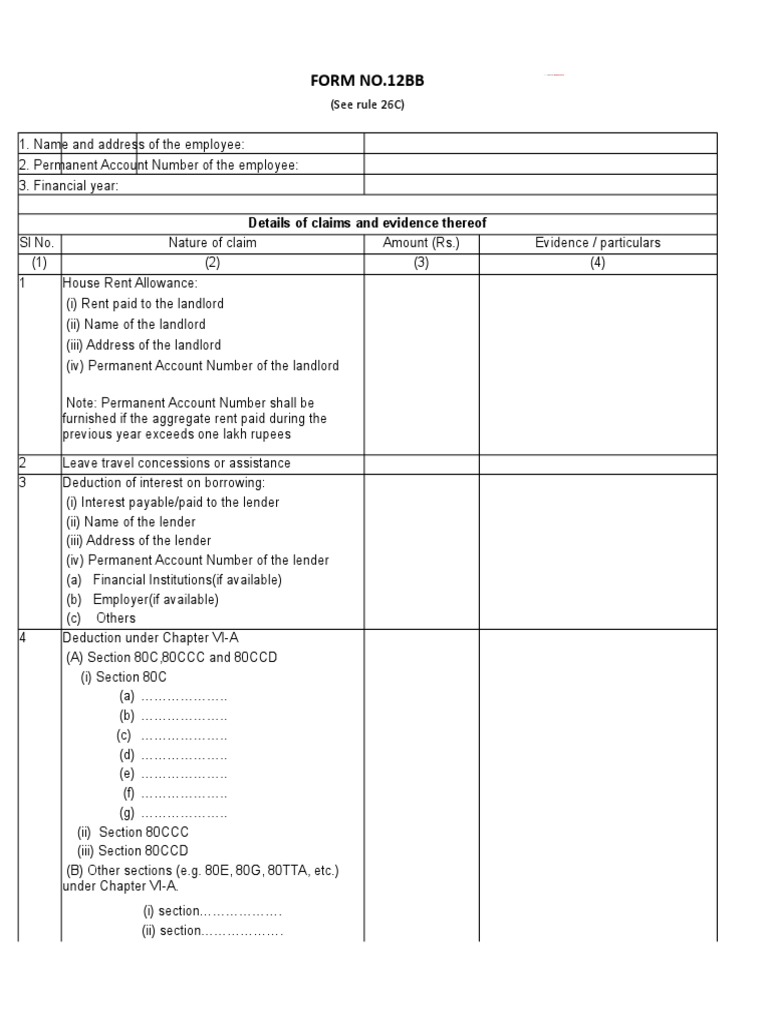 Tax Form 12BB: Employee Claims Details | PDF