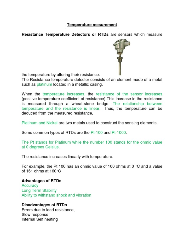 Temperature Mesurement Resistance Temperature Detectors or Rtds Are Sensors Which Measure | PDF ...