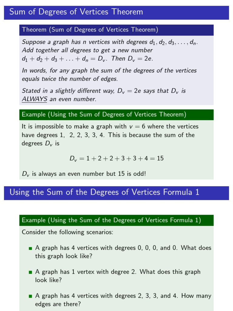 Theorem (Sum of Degrees of Vertices Theorem) | PDF | Vertex (Graph Theory) | Mathematical Relations