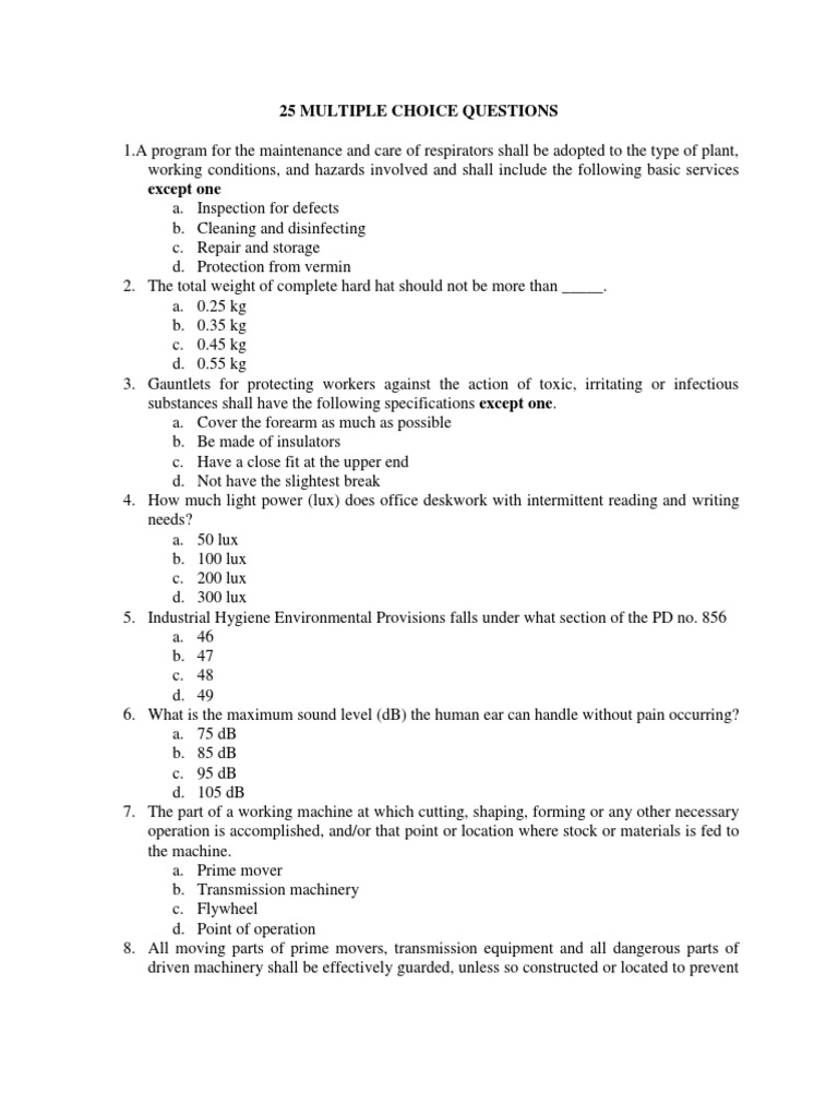 25 Multiple Choice Questions | PDF | Glasses | Occupational Hygiene