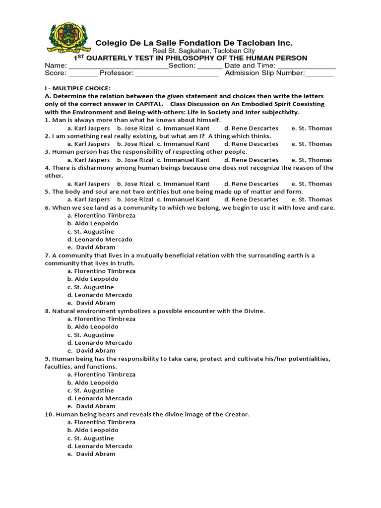 1st Quarter Exam On Philo Of The Human Person Pdf René Descartes