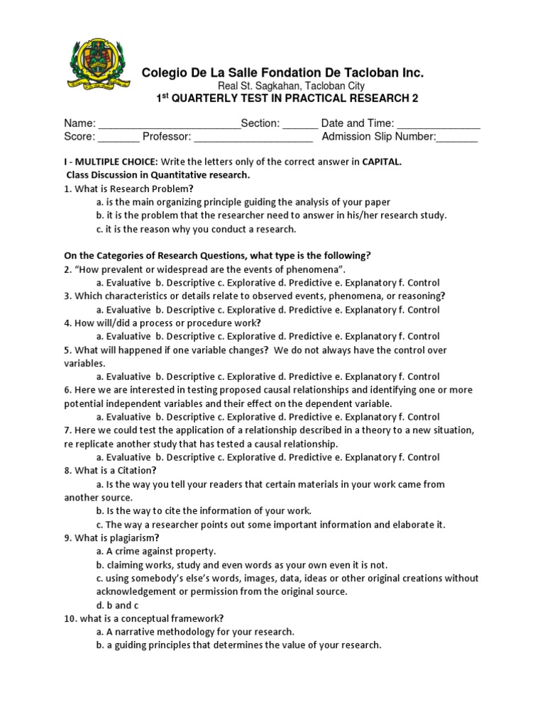 1st Quarterly Exam On Practical Research 2 | PDF | Validity (Statistics ...