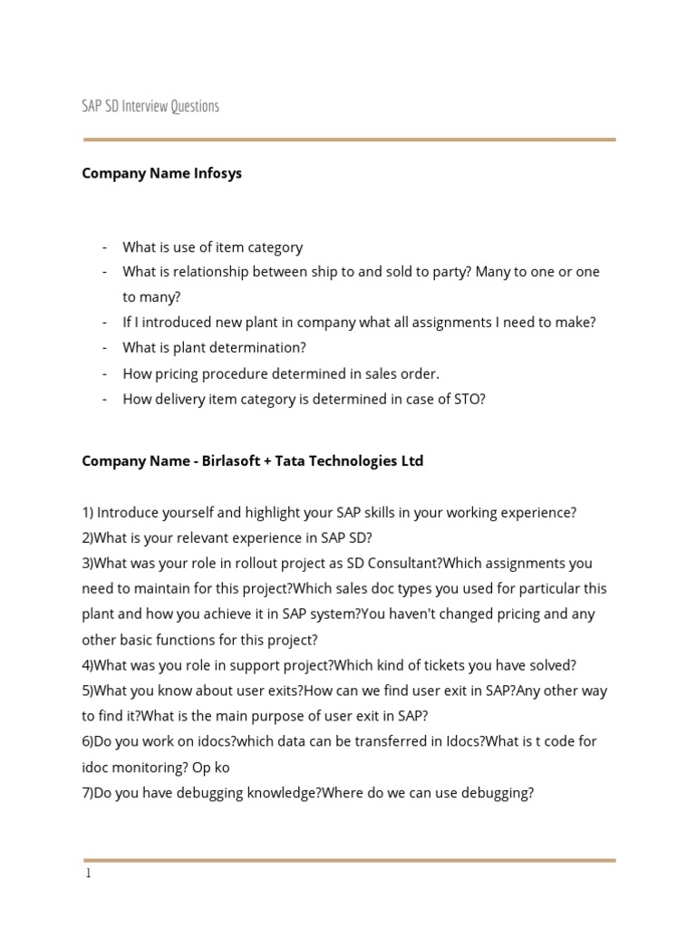SAP SD Interview Questions: Company Name Infosys | Download Free PDF | Invoice | Computing