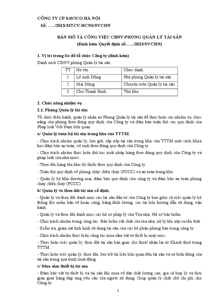 Mo Ta Cong Viec Phòng QLTS | PDF