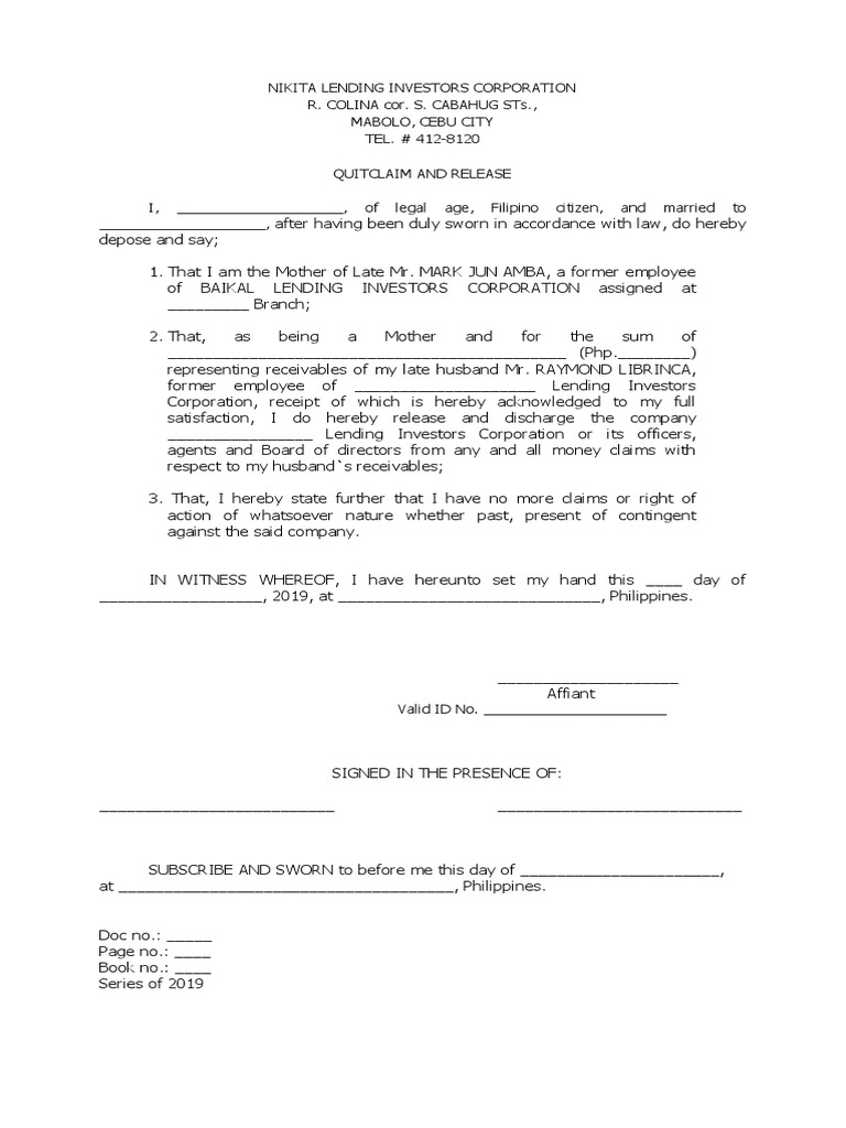 Quitclaim and Release for Lending Corporation | PDF | Finance & Money ...