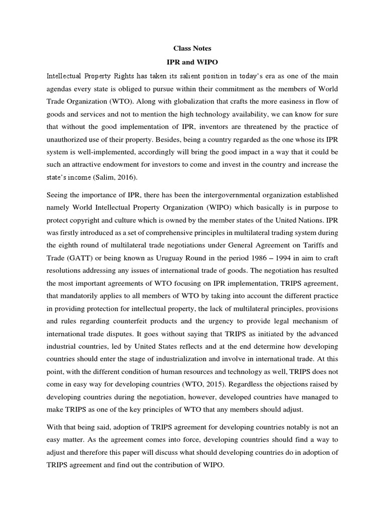 Class Notes Ipr and Wipo | PDF | World Trade Organization | Trips Agreement