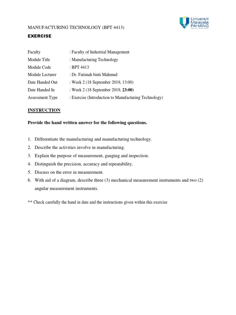 Introduction To Manufacturing Technology Exercise | PDF | Accuracy And ...