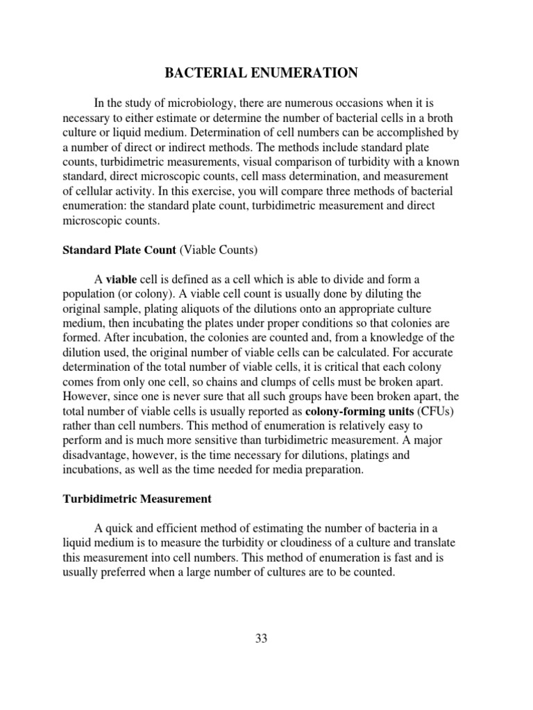 Bacterial Enumeration: Standard Plate Count (Viable Counts) | PDF ...