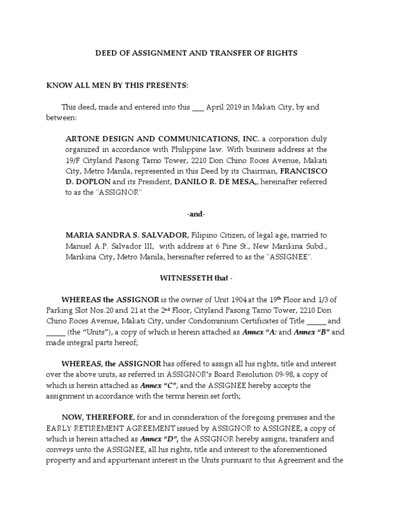 Deed of Assignment | PDF | Assignment (Law) | Law Of Obligations