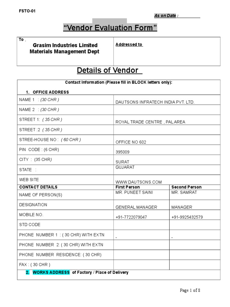 Vendor Evaluation Form | PDF | Employment | Safety