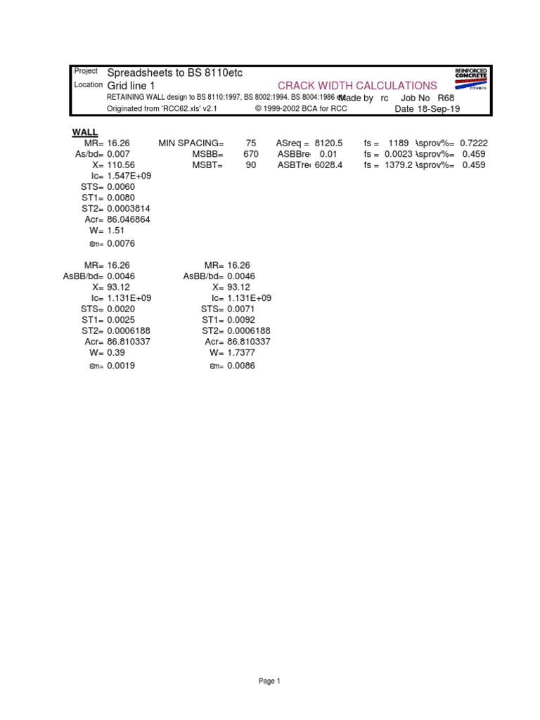 Spreadsheets To BS 8110etc Grid Line 1: Crack Width Calculations | PDF