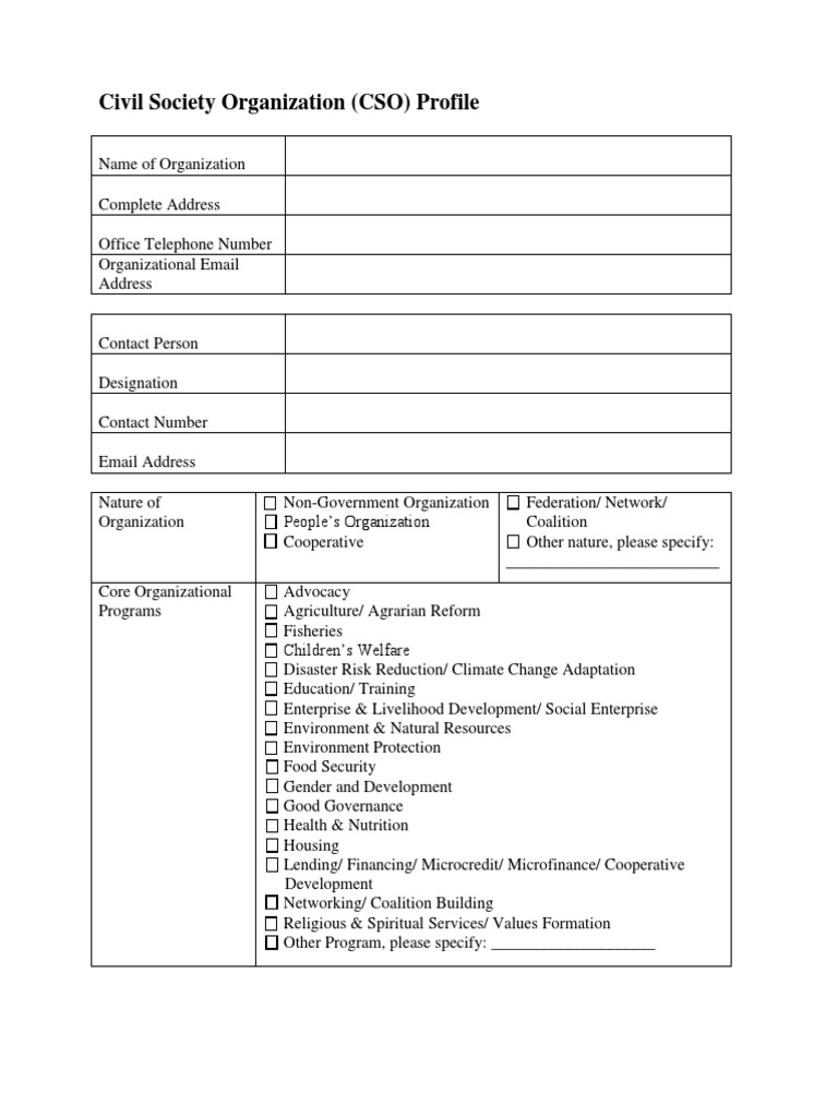 Civil Society Organization (CSO) Profile | PDF | Welfare | Cooperative