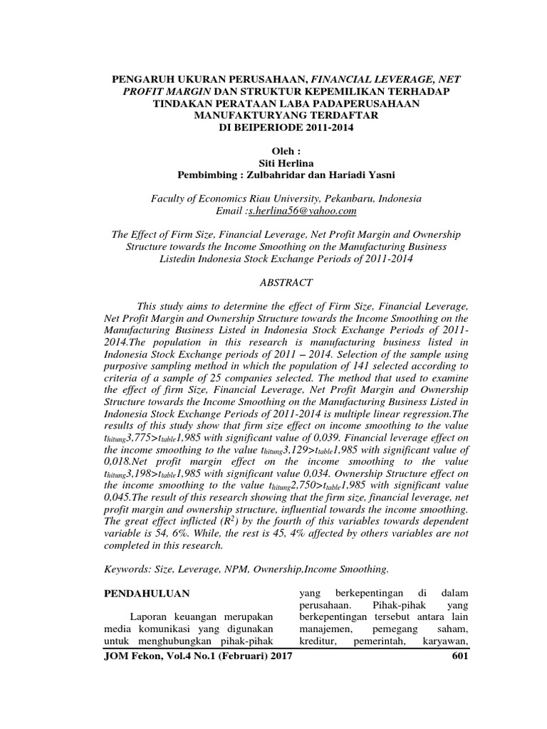 The Effect of Firm Size, Financial Leverage, Net Profit Margin and Ownership Structure on Income ...