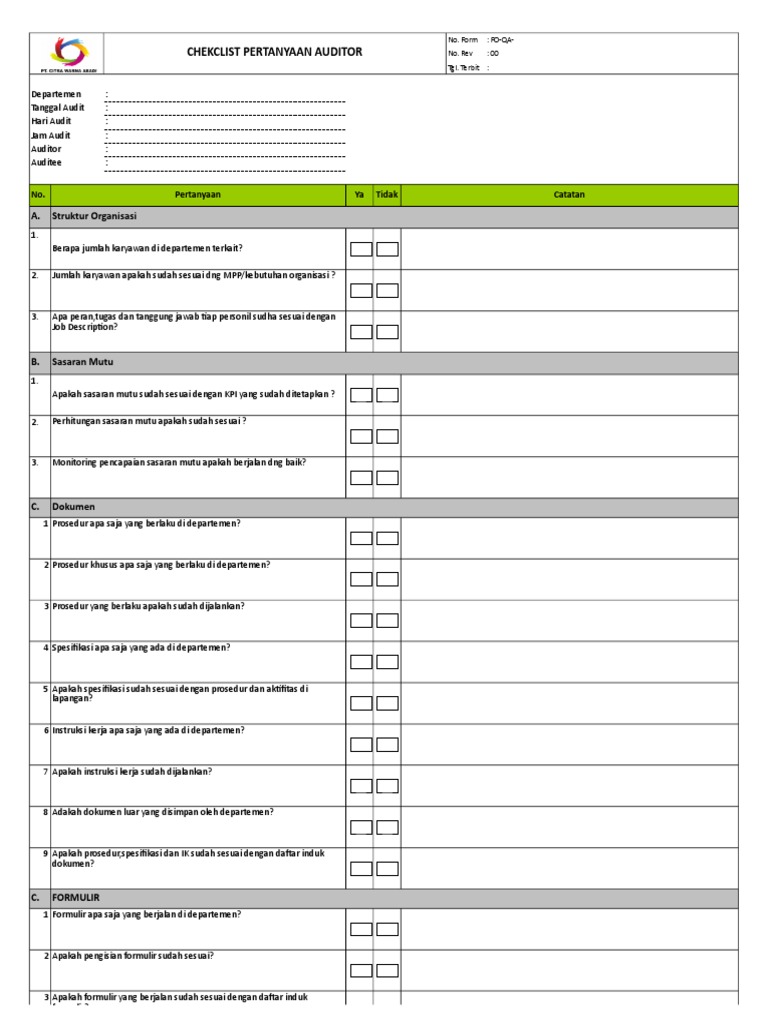 Contoh Checklist Pertanyaan Auditor | PDF