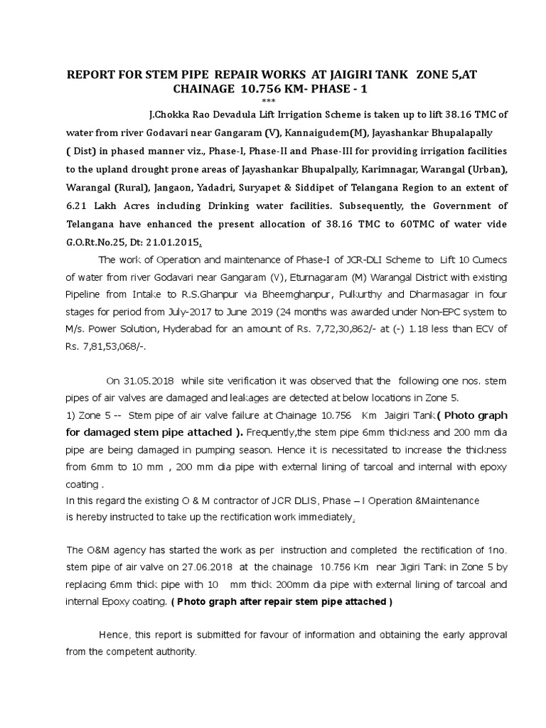 Report For Stem Pipe Repair Works at Jaigiri Tank Zone 5, at Chainage ...