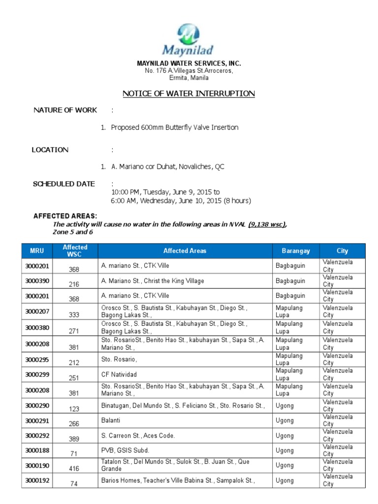 Water shutdown notice for Novaliches areas | PDF | Business
