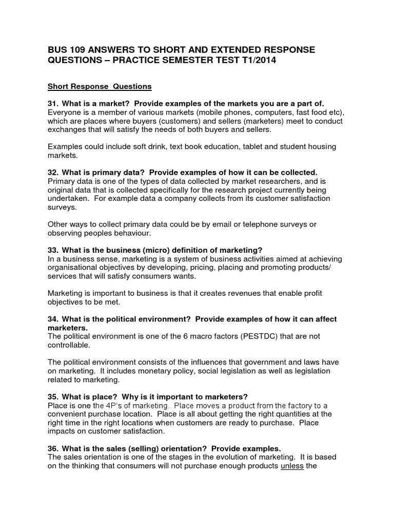 Bus 109 Short and Extended Response Answers To Practice Semester Test ...