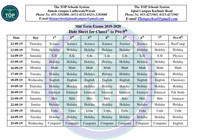 Date Sheet For Class1 To Pre-9: Mid Term Exams 2019-2020 | PDF