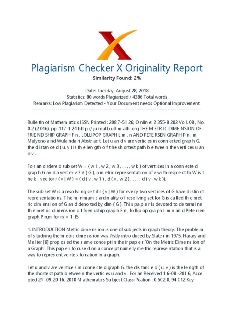 Plagiarism Checker X Originality Report: Similarity Found: 2% | PDF | Vertex (Graph Theory ...