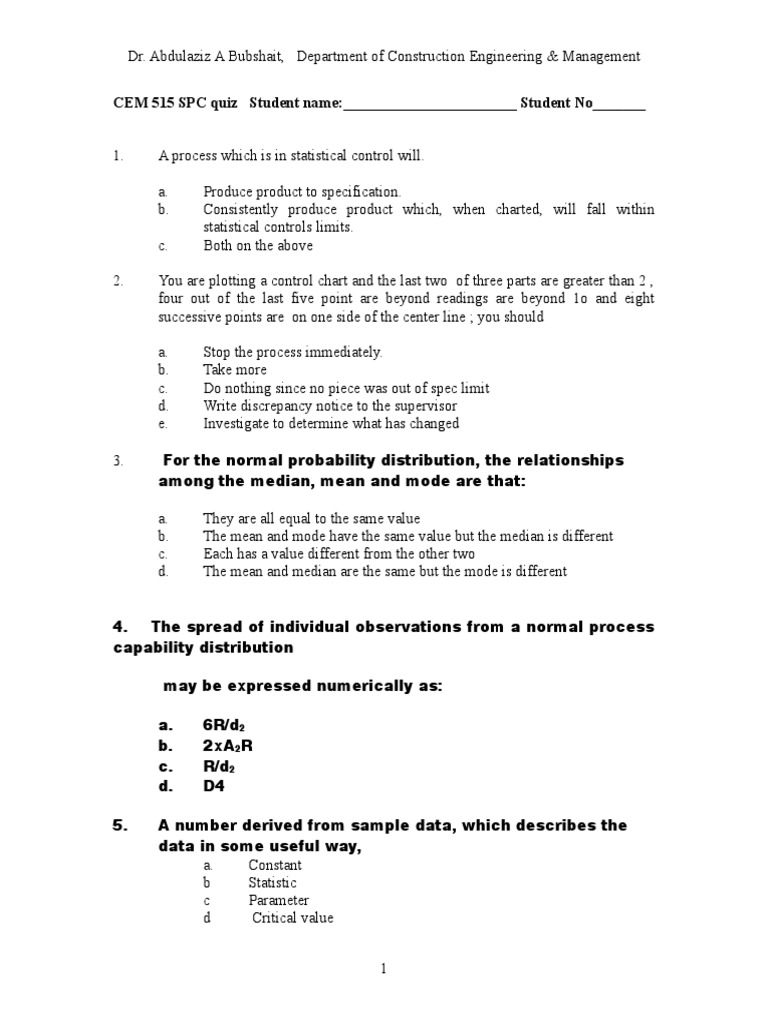 SPC Quiz on Control Charts & Statistics | PDF | Standard Deviation | Mean