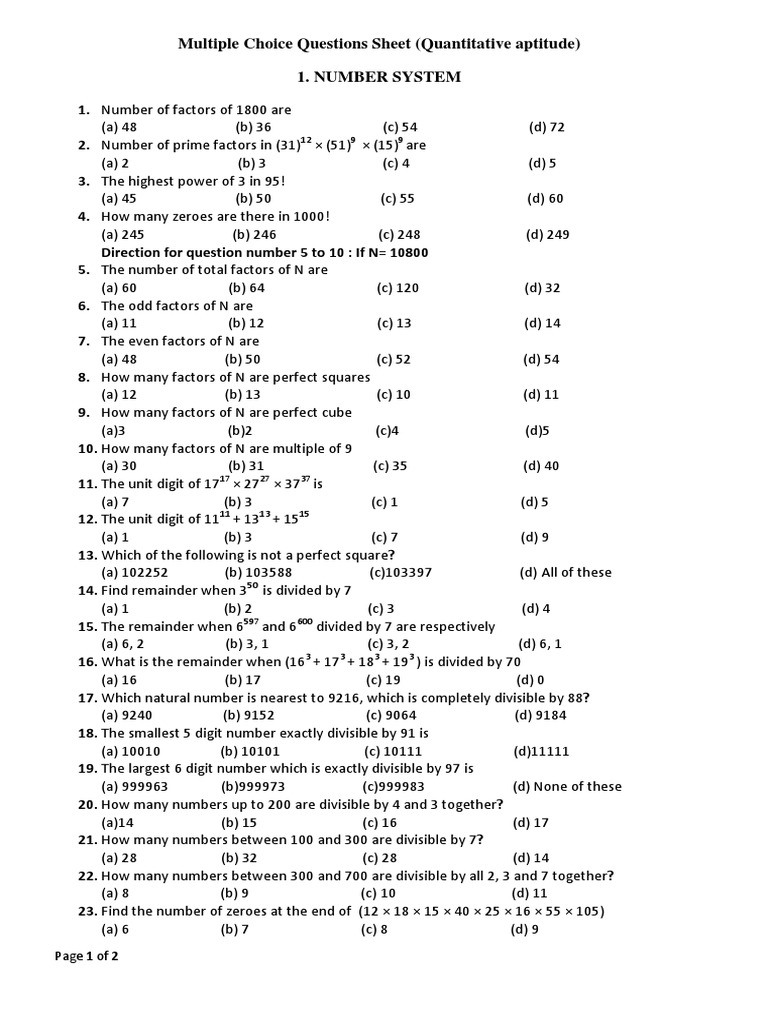 Multiple Choice Questions Sheet (Quantitative Aptitude) 1. Number ...