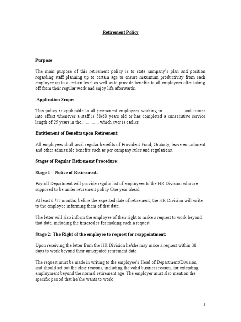 Company Retirement Policy Overview | PDF | Board Of Directors | Employment