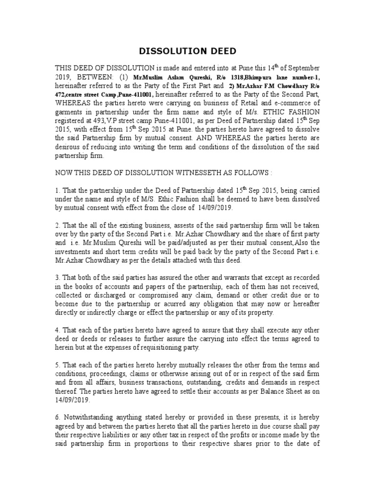 Dissolution Deed Format | PDF | Partnership | Expense